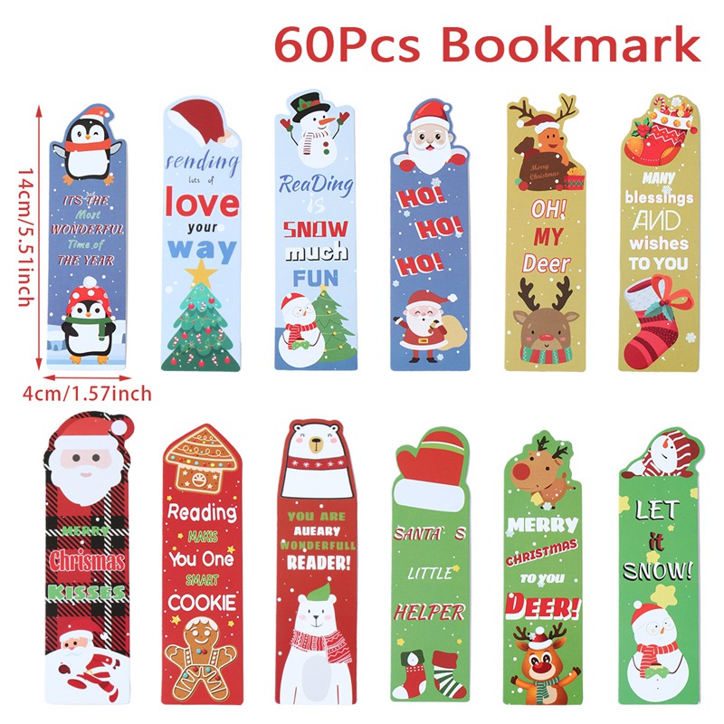 60Pcs 14*4CM Santa Claus Merry Christmas Bookmark Bulk For Kids Snowman ...