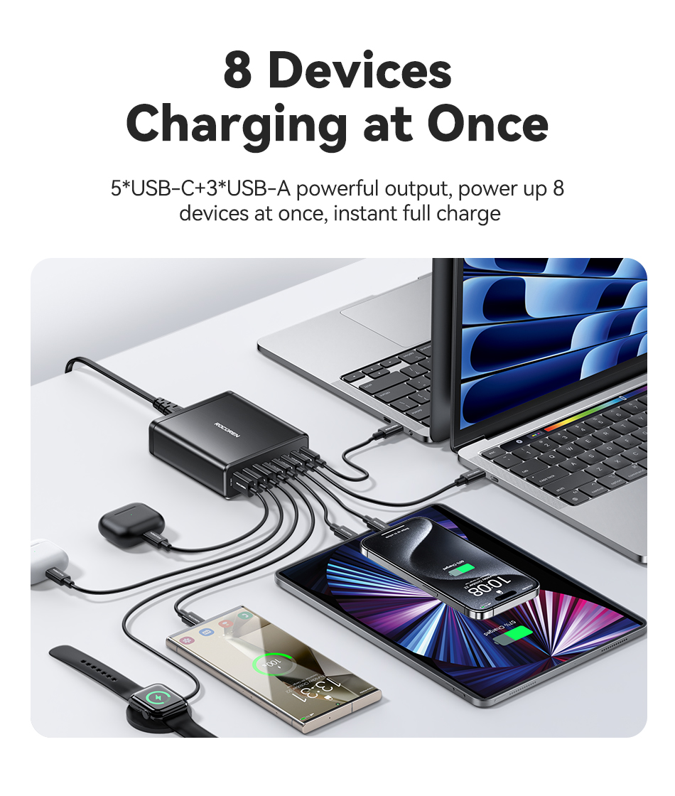 Rocoren 185W 5C+3A Fast Charger Desktop Energy Station For All Phones ...