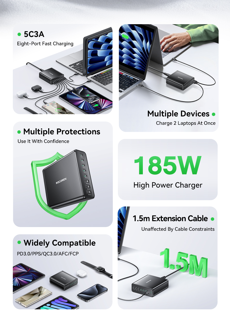Rocoren 185W 5C+3A Fast Charger Desktop Energy Station For All Phones ...