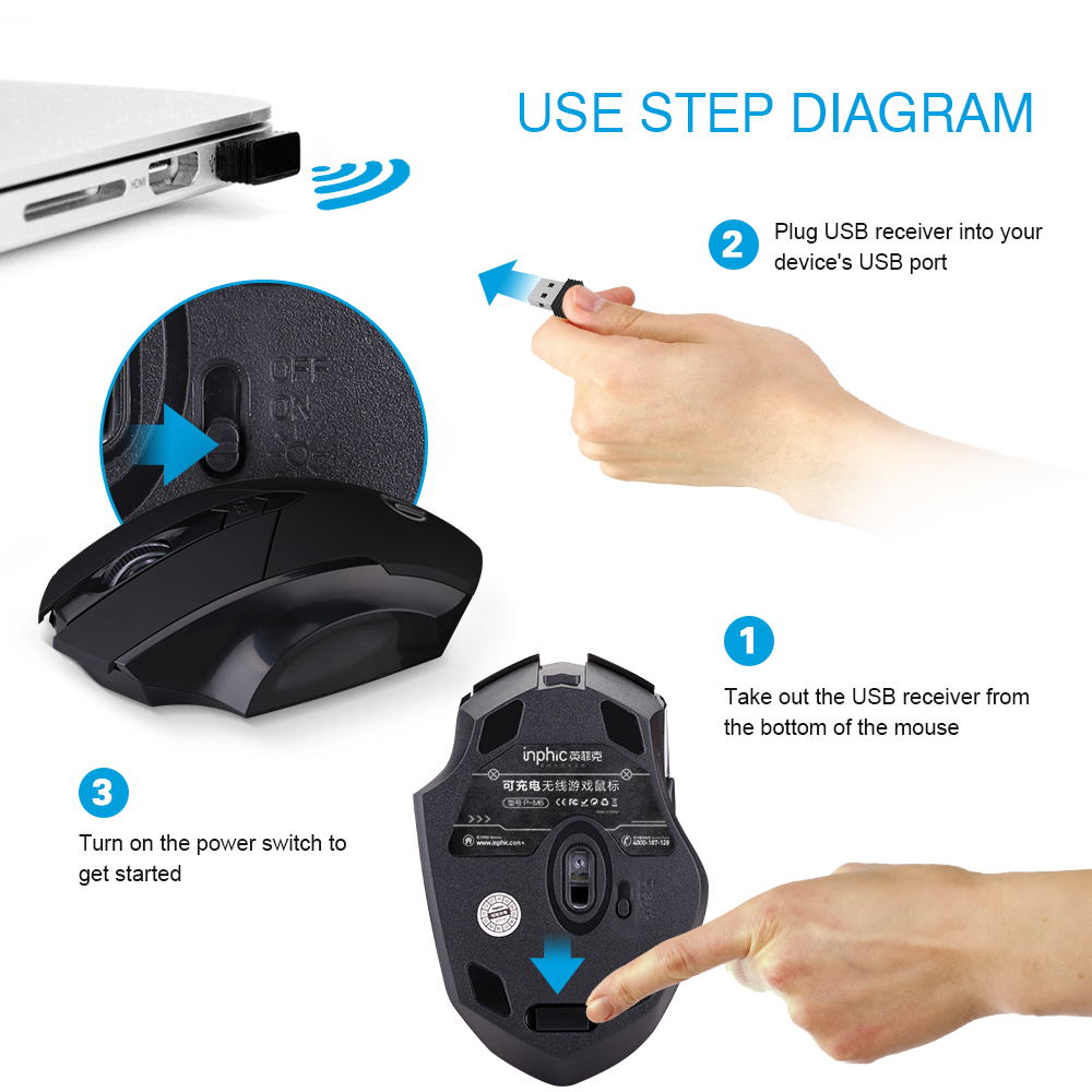 Inphic 2.4G Wireless Mouse Rechargeable Ergonomic Silent Mouse 6 ...