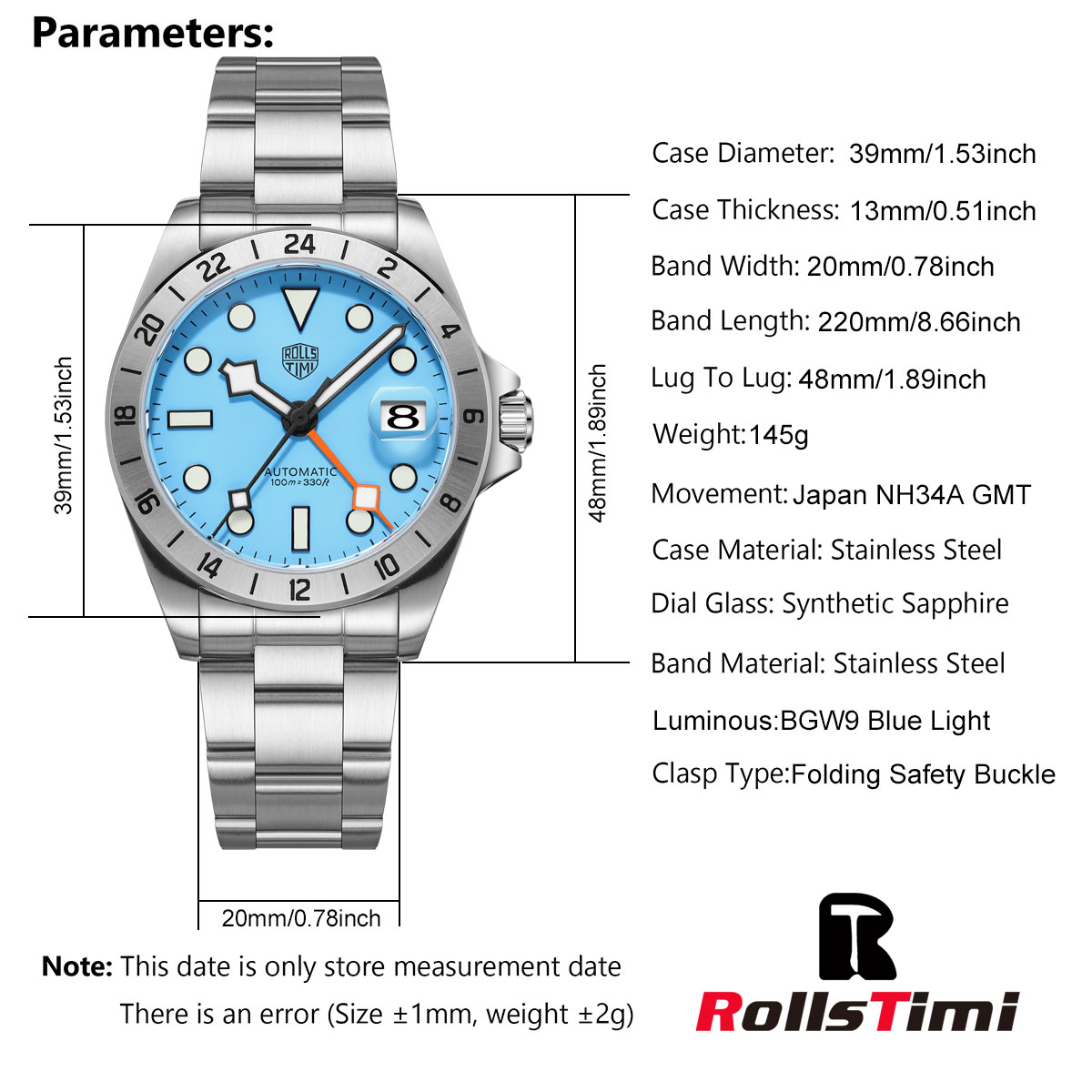 Rolls Timi 2025 New Japan NH34A GMT Mechanical Men Watch 39mm Automatic ...