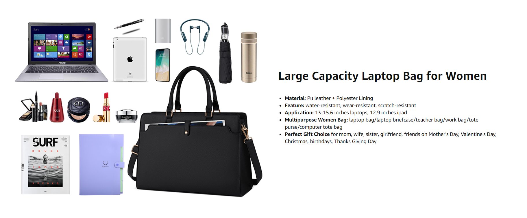 Laptop Bag for Women 15.6 Inch Tote Bag Leather Work Bag Waterproof ...