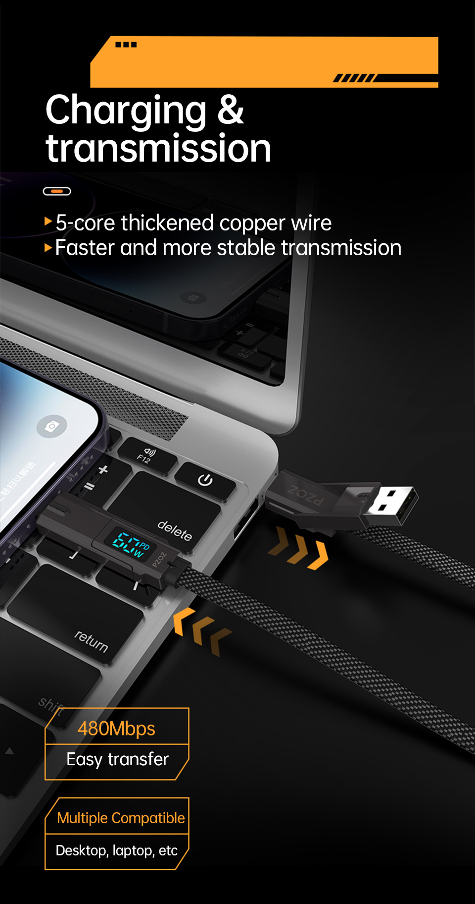 PZOZ 4 in 1 60W PD USB C Cable Digital Display Fast Charging For iPhone ...