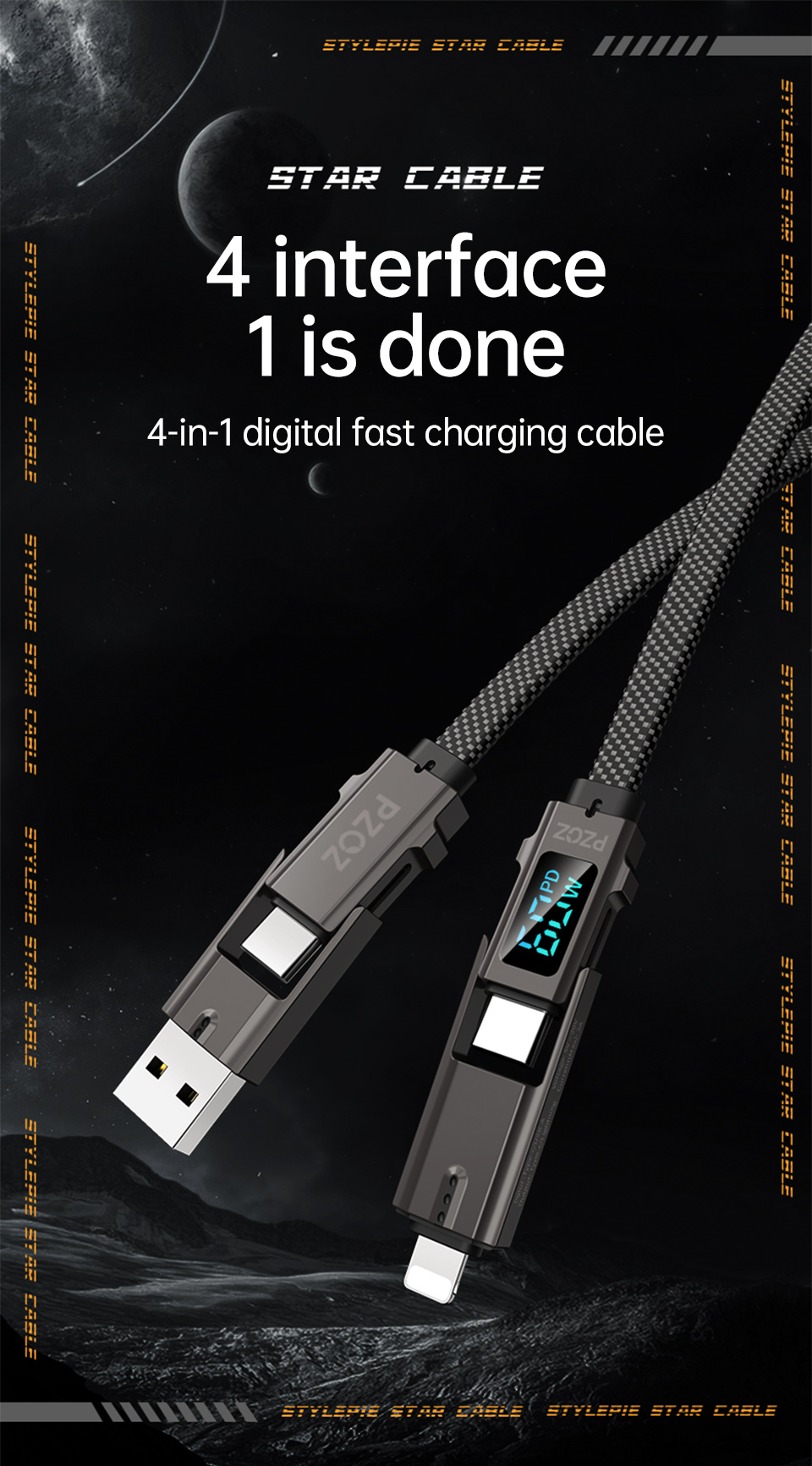 PZOZ 4 in 1 60W PD USB C Cable Digital Display Fast Charging For iPhone ...