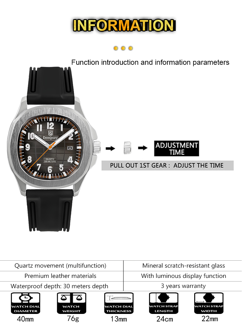 DEMPSEY Automatic Mechanical Watch for Men Original Waterproof Silver ...