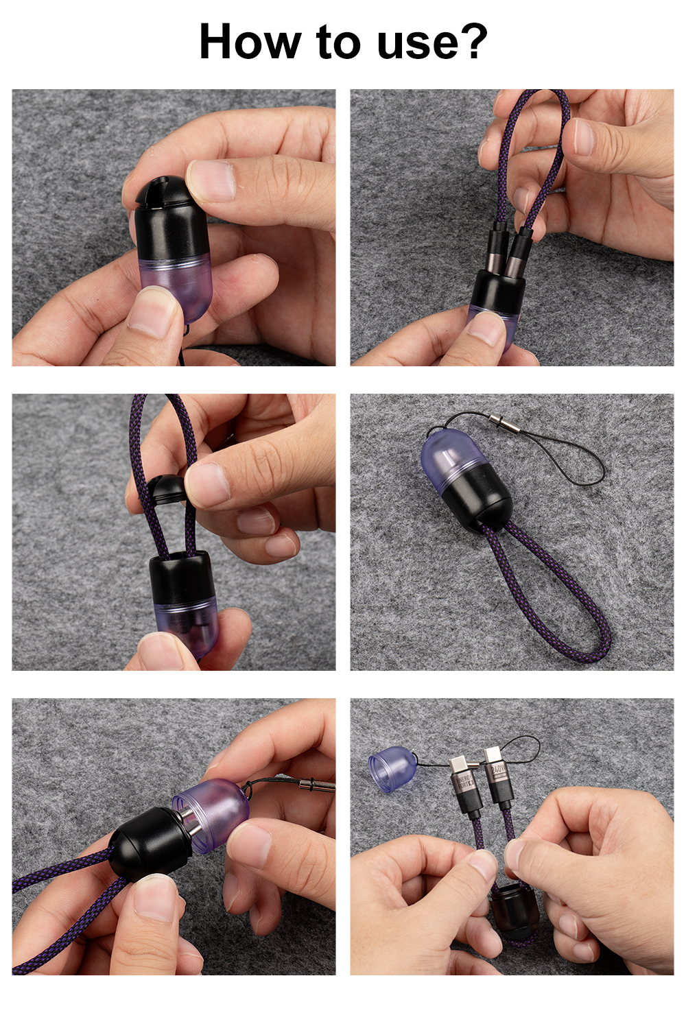 PD240W 20cm Fast Charging Cable Capsule Style Type-C Cable With Lanyard ...