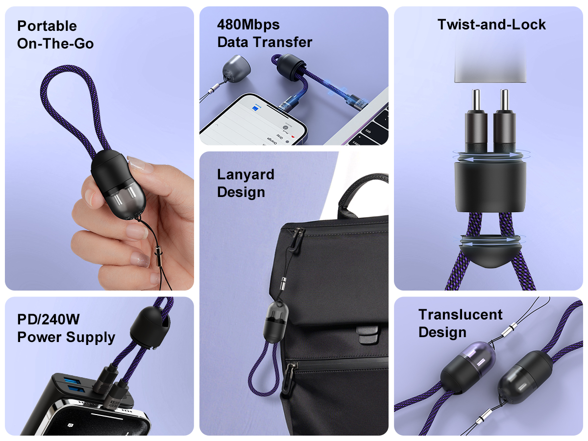 PD240W 20cm Fast Charging Cable Capsule Style Type-C Cable With Lanyard ...