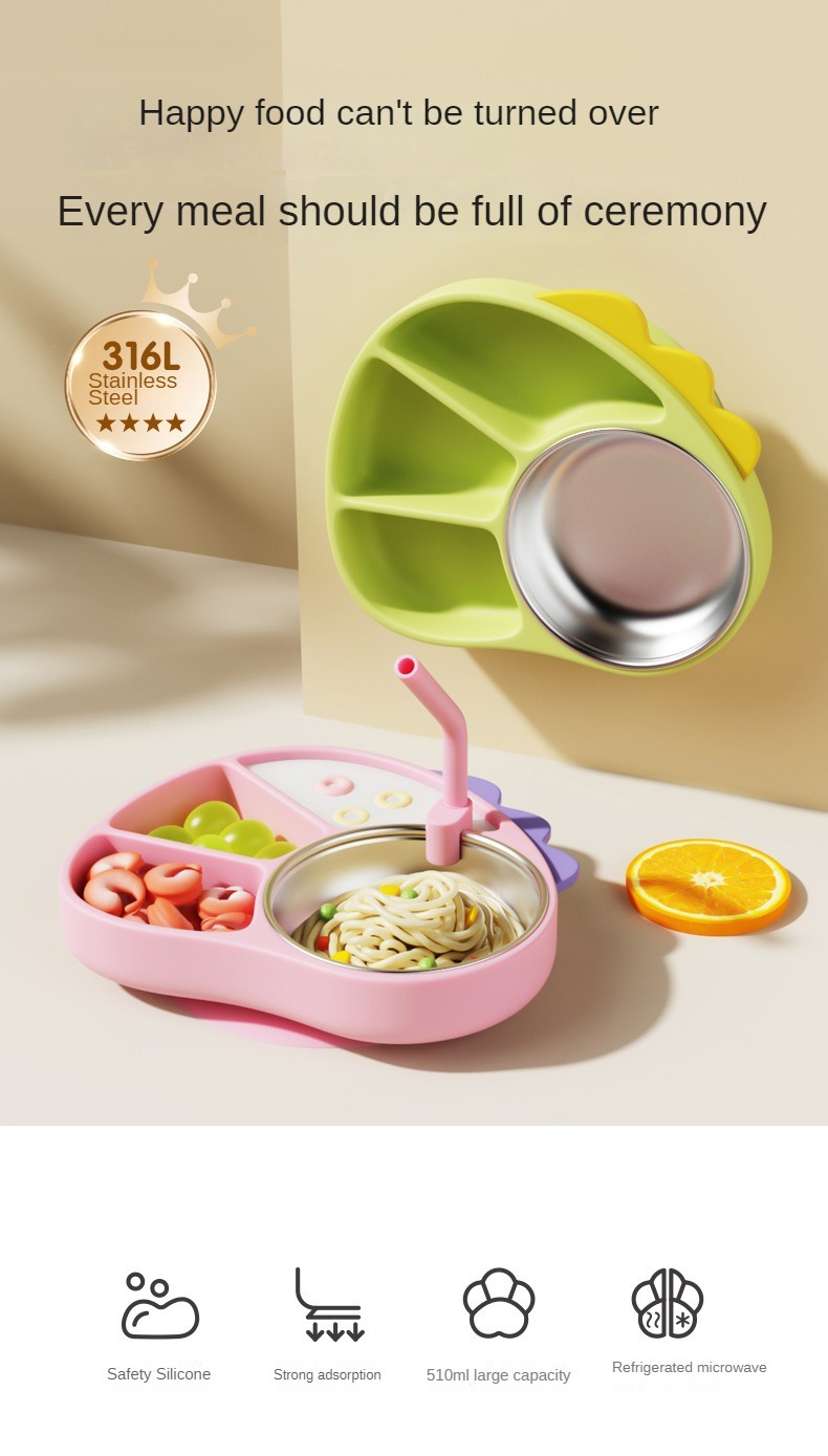 Compartment Silicone Plate Baby Cartoon Little Dinosaur Suction Plate ...