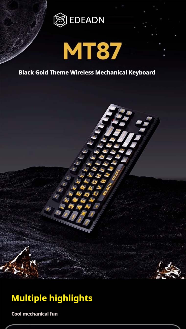 EWEADN MT87/MT108 Black and gold three-mode mechanical keyboard Long life full key no impact ...