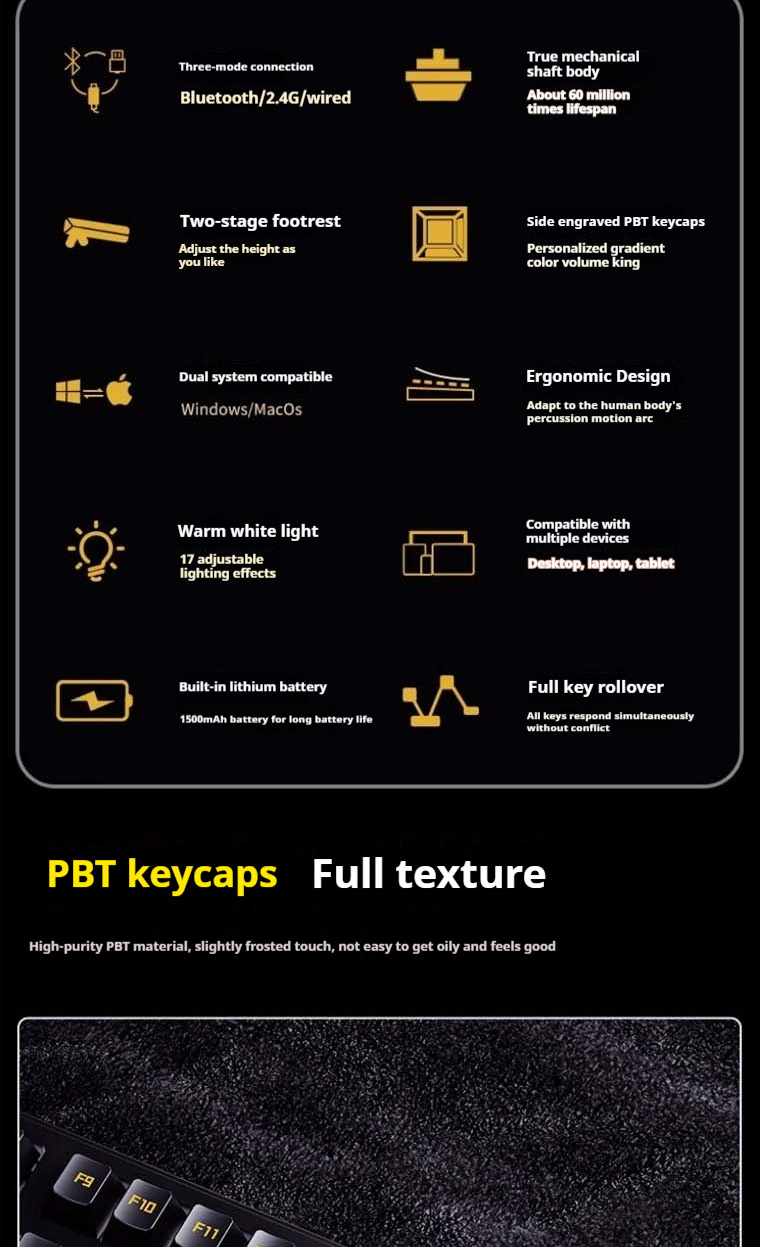 EWEADN MT87/MT108 Black and gold three-mode mechanical keyboard Long life full key no impact ...