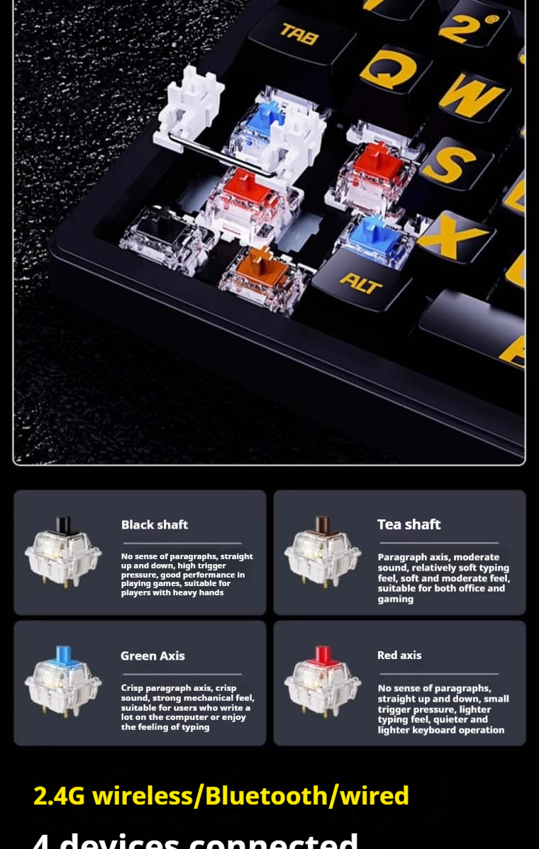 EWEADN MT87/MT108 Black and gold three-mode mechanical keyboard Long life full key no impact ...