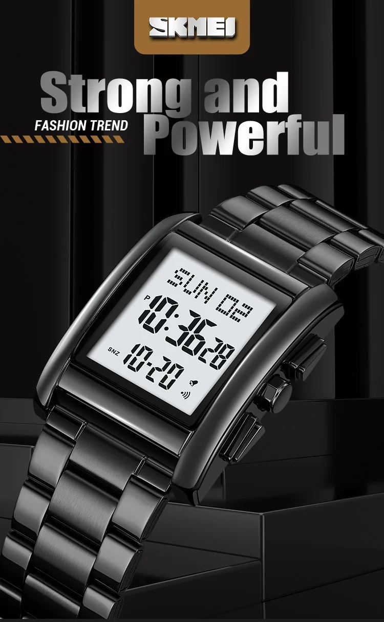 SKMEI Electric Watch Authentic Men's Square Watch Stainless Steel Strap ...