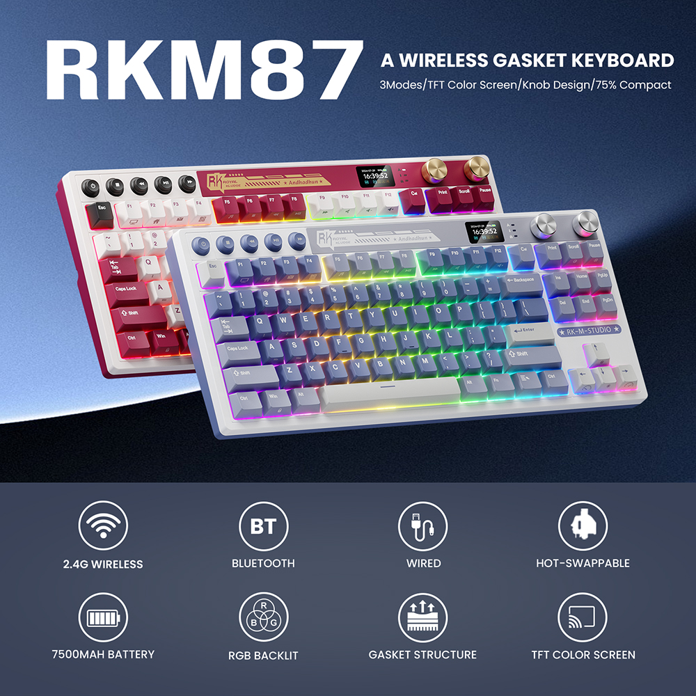 NEW RK M87 RK Royal Kludge Ocean Blue 88 Keys Tri-Mode RGB Wired ...