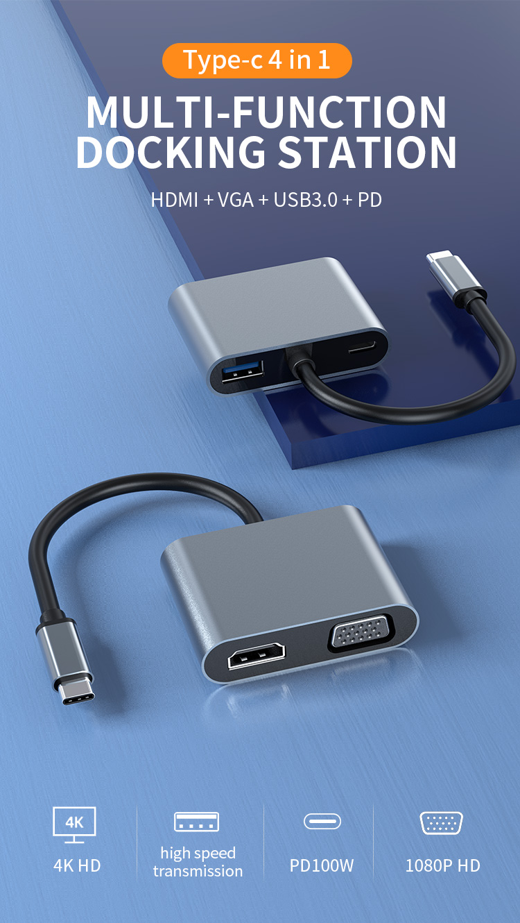 4-in-1 USB-C Hub Multiport Adapter Docking Station with 100W PD, 4K ...