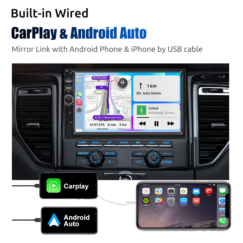 ESSGOO 7018B 7" Single/Double Din Universal Wired Carplay Video Output ...