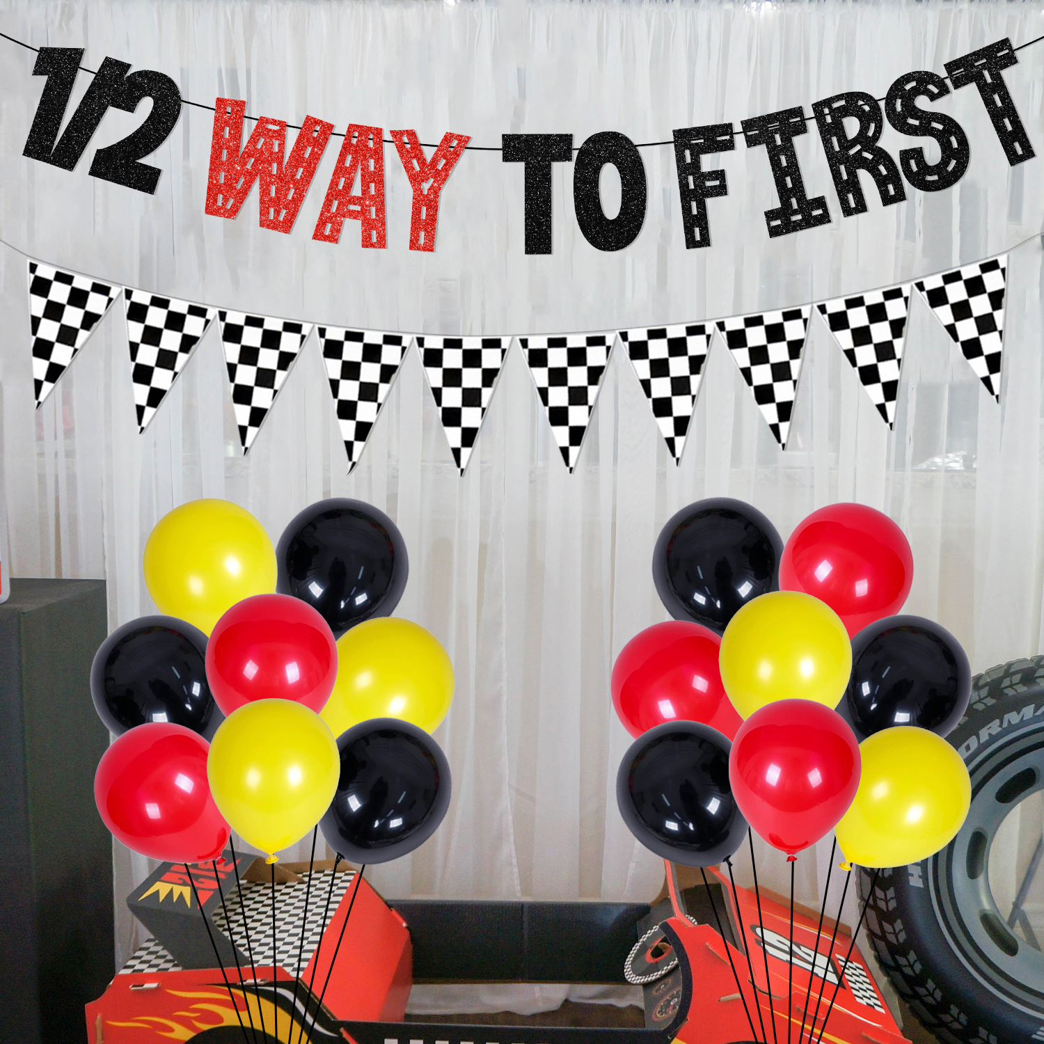 NIVVINE Vintage Race Car themed Half Birthday Decorations for Boys - 1/ ...