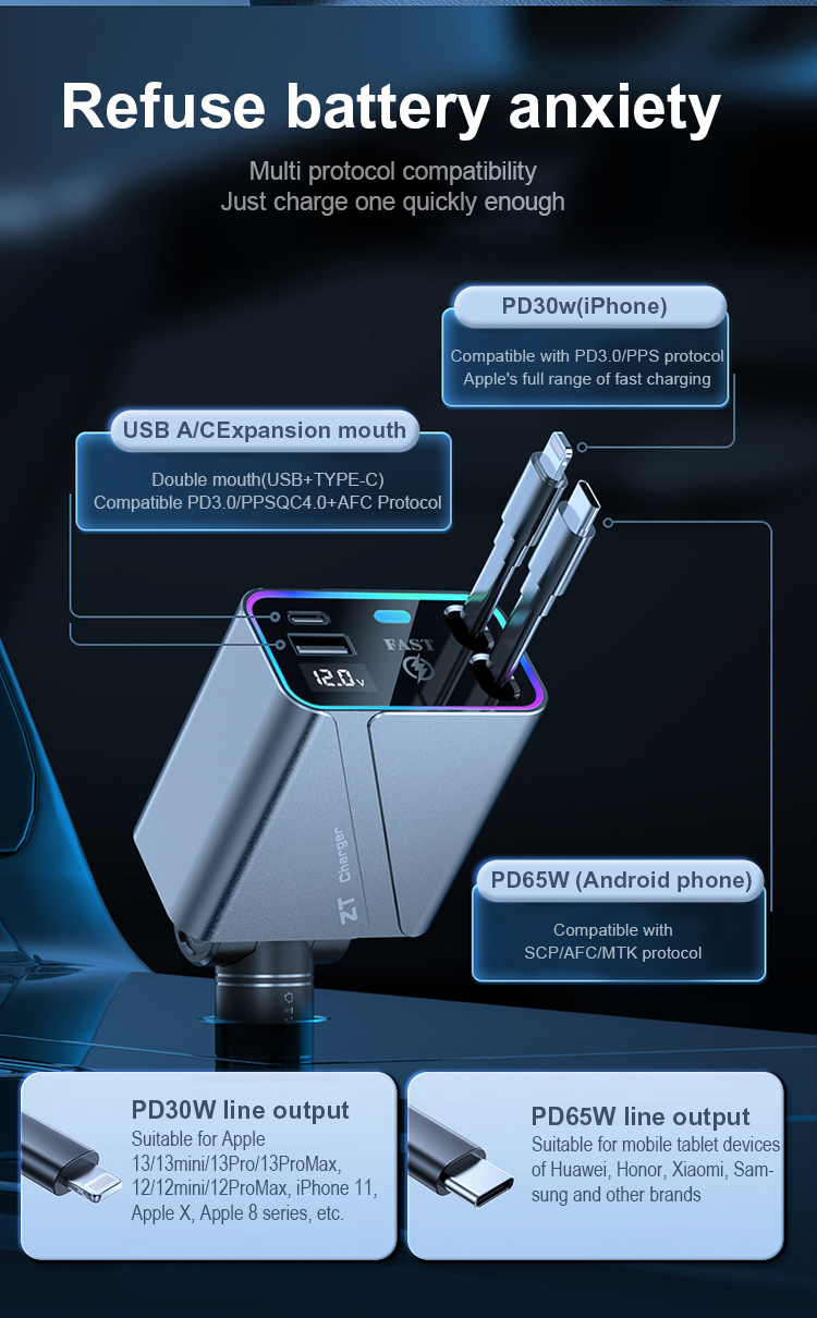 【Ship In 24h】175 W 4 In 1 Car Charger Breathing Atmosphere Light 1 Drag ...