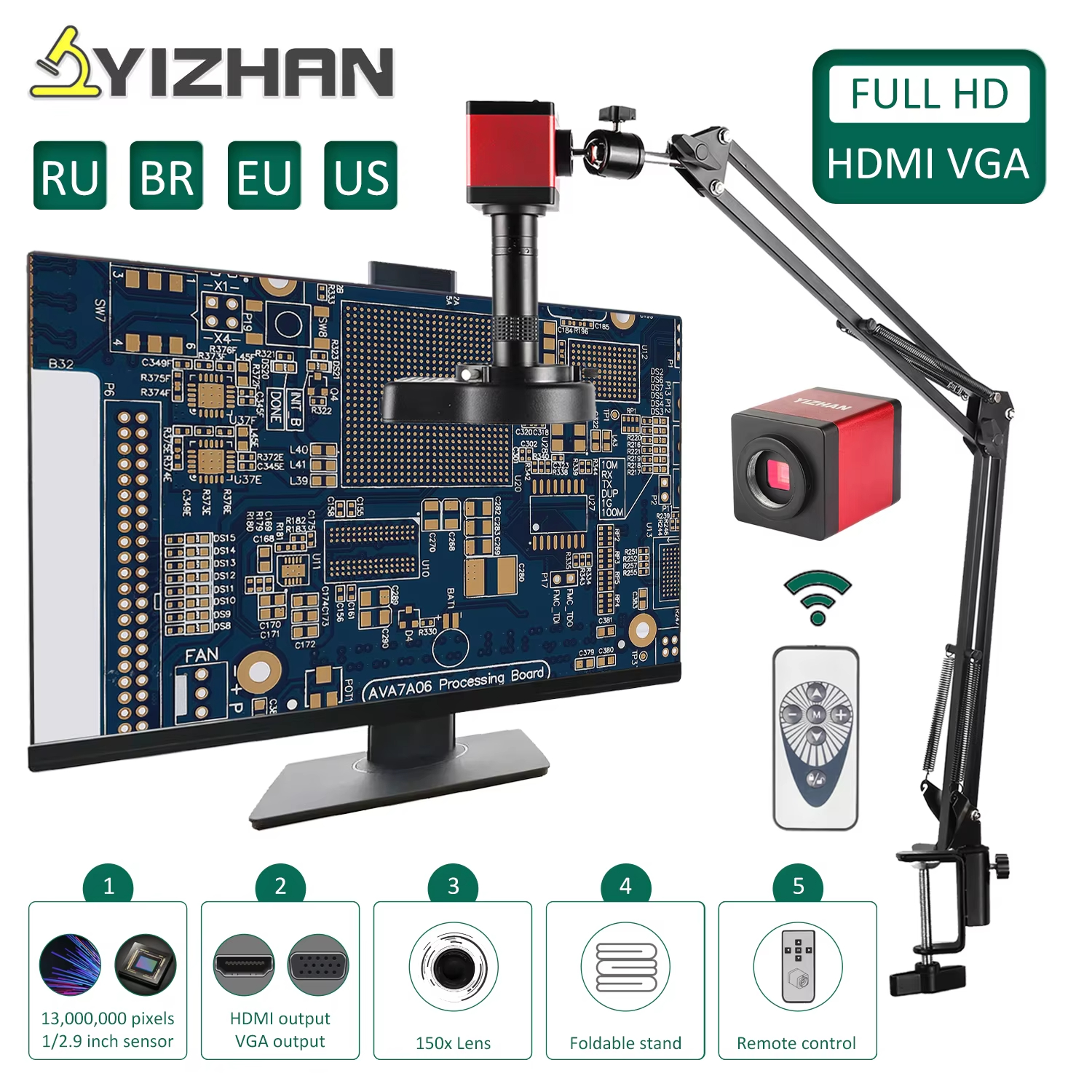 1080P HDMI VGA digital microscope 130X 150X 180X zoom industrial ...