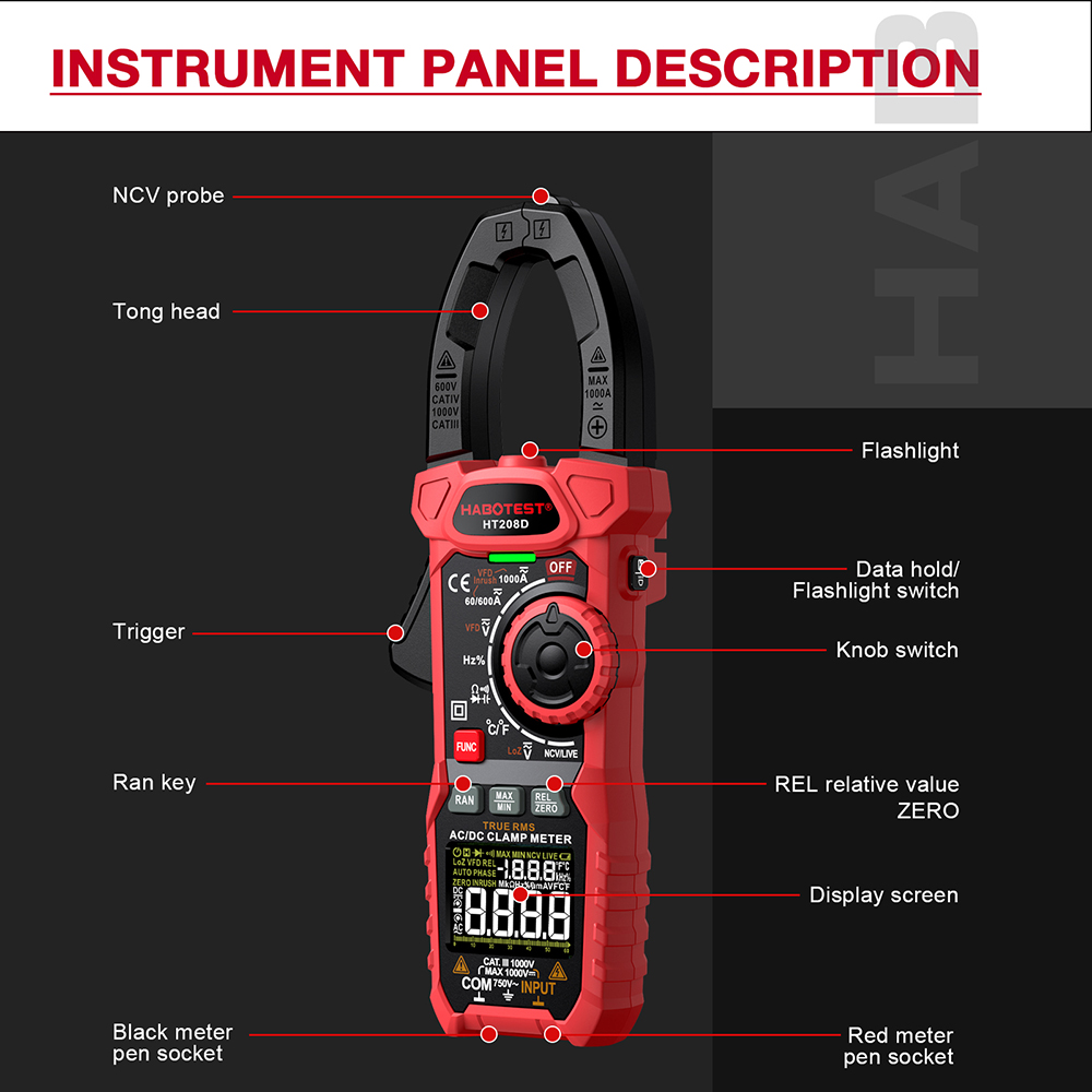 HABOTEST HT208D HT89 Test Pen Digital Clamp Meter Pro 1000A 1000V AC DC ...