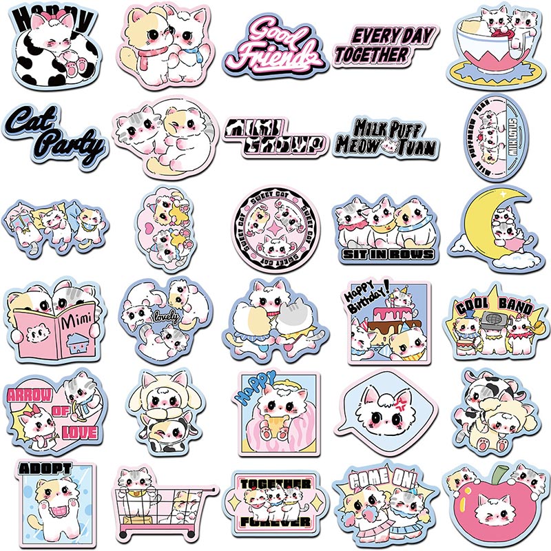 60Pcs Cute Cartoon Milk Puff Meow Graffiti Sticker DIY Luggage Guitar ...