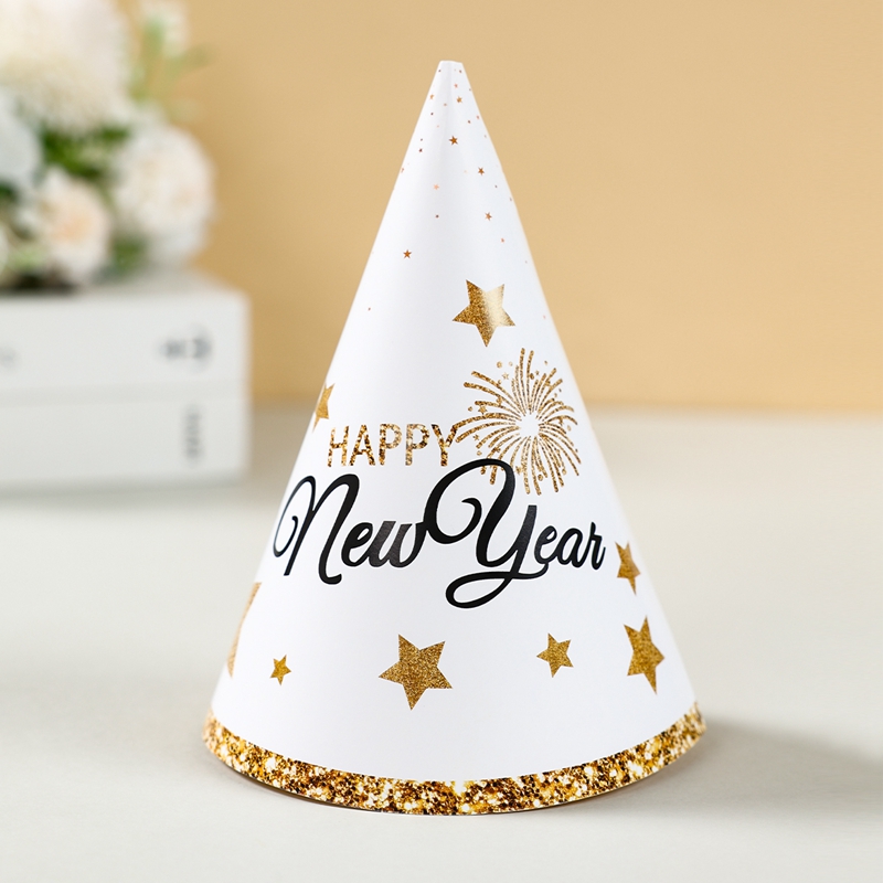 6pcs Mixed Happy New Year Paper Hat with Cord New Year 2025 Golden Edge ...