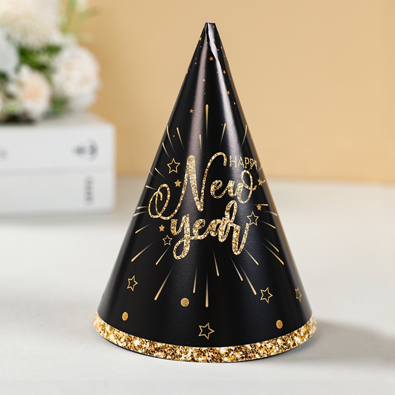 6pcs Mixed Happy New Year Paper Hat with Cord New Year 2025 Golden Edge ...
