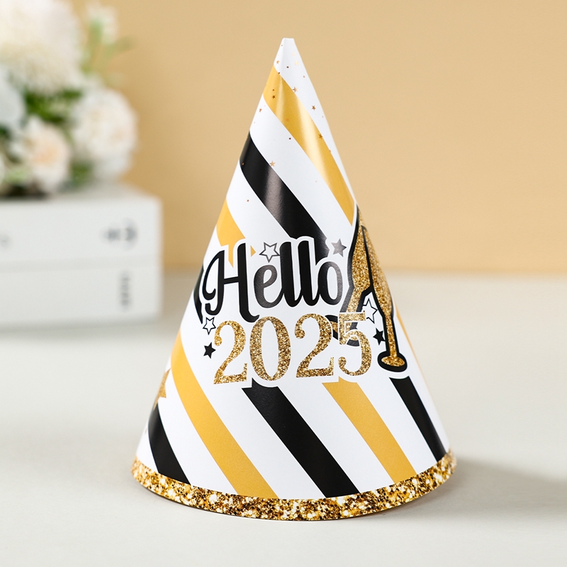 6pcs Mixed Happy New Year Paper Hat with Cord New Year 2025 Golden Edge ...