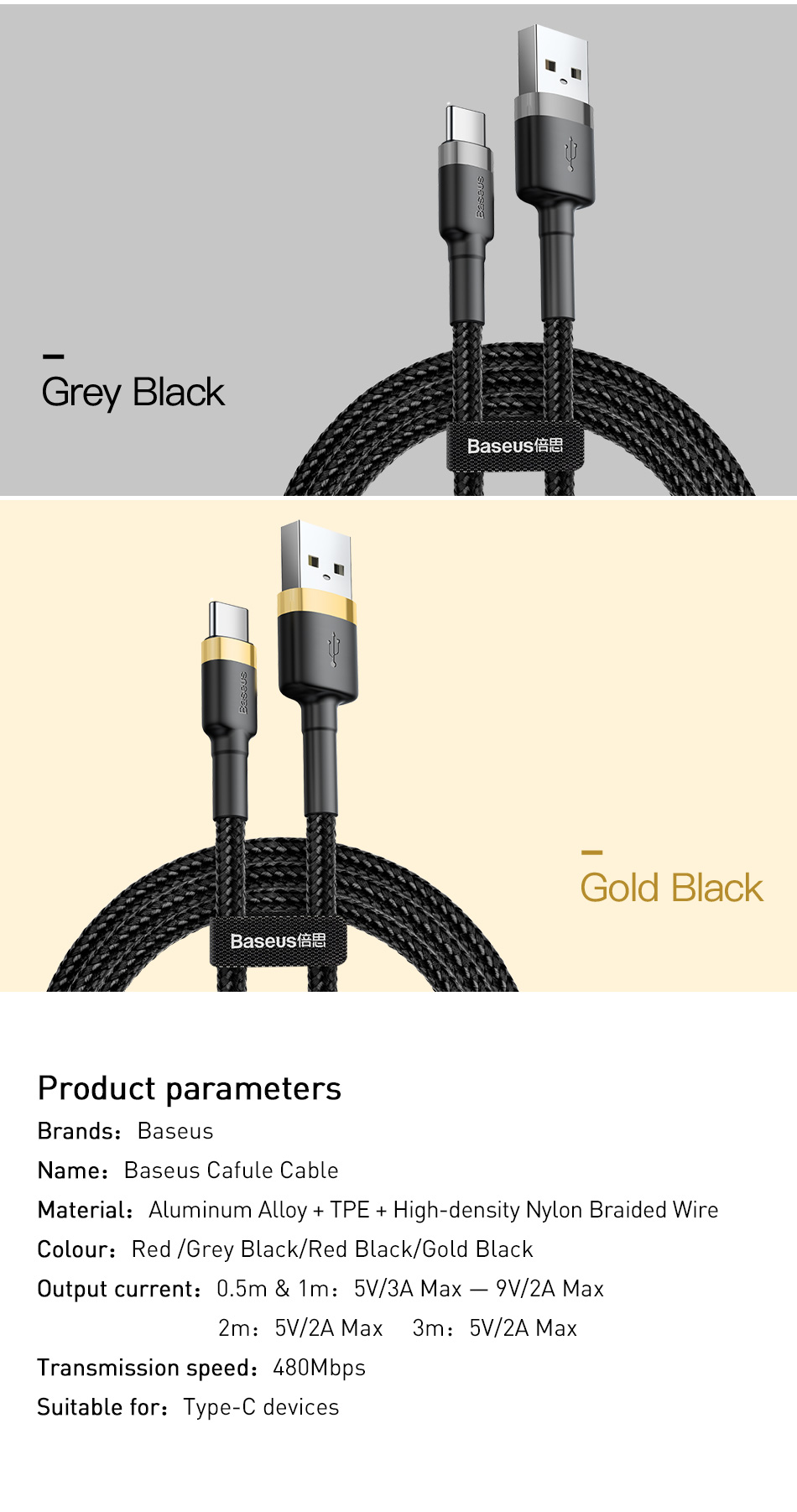 Baseus Type C USB Cable 3A/2A for Quick Charge & Fast Charging ...