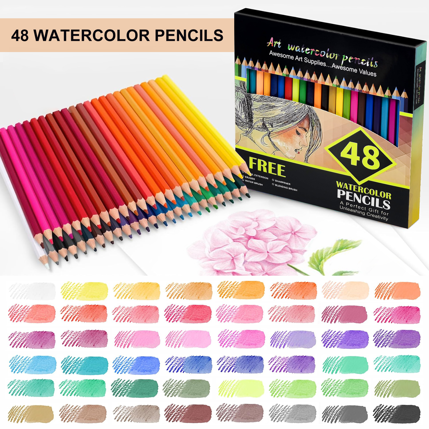 48-pack Premium Watercolor Colored Pencils Set - 48 Pack, Medium Point ...