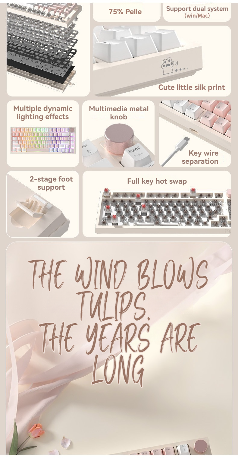 【Fast delivery】🌸Tulip AK82 Mechanical Keyboard Wireless Bluetooth Cute ...