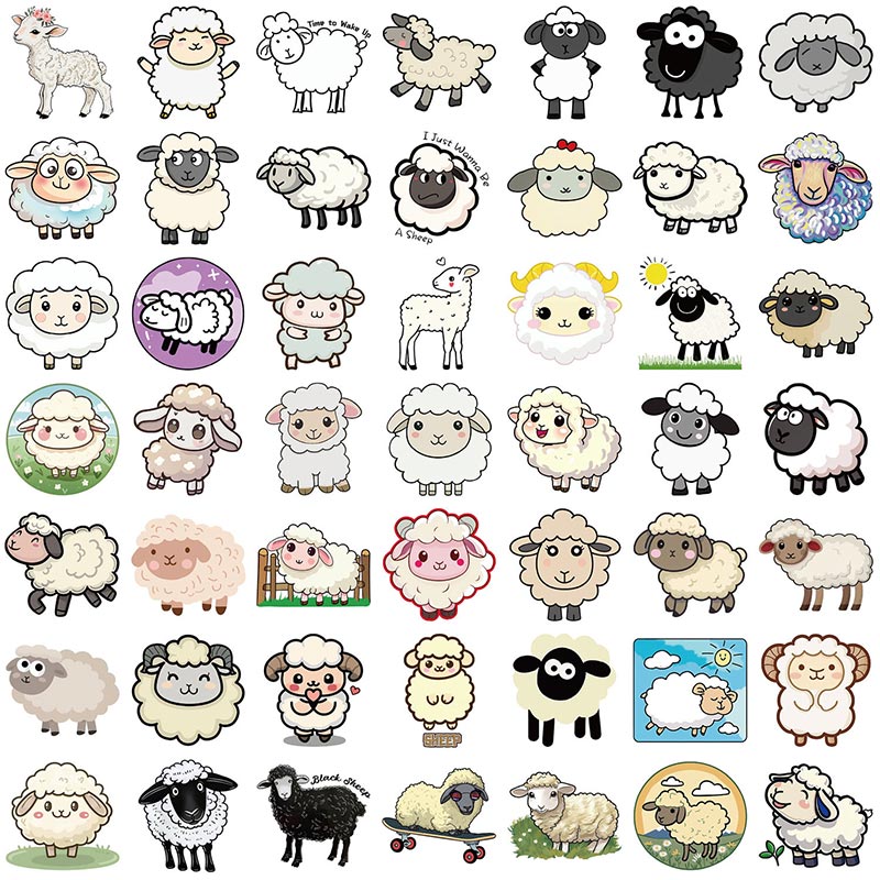 50Pcs Cute Cartoon Sheep Animal Sticker For Laptop Scrapbook Skateboard ...