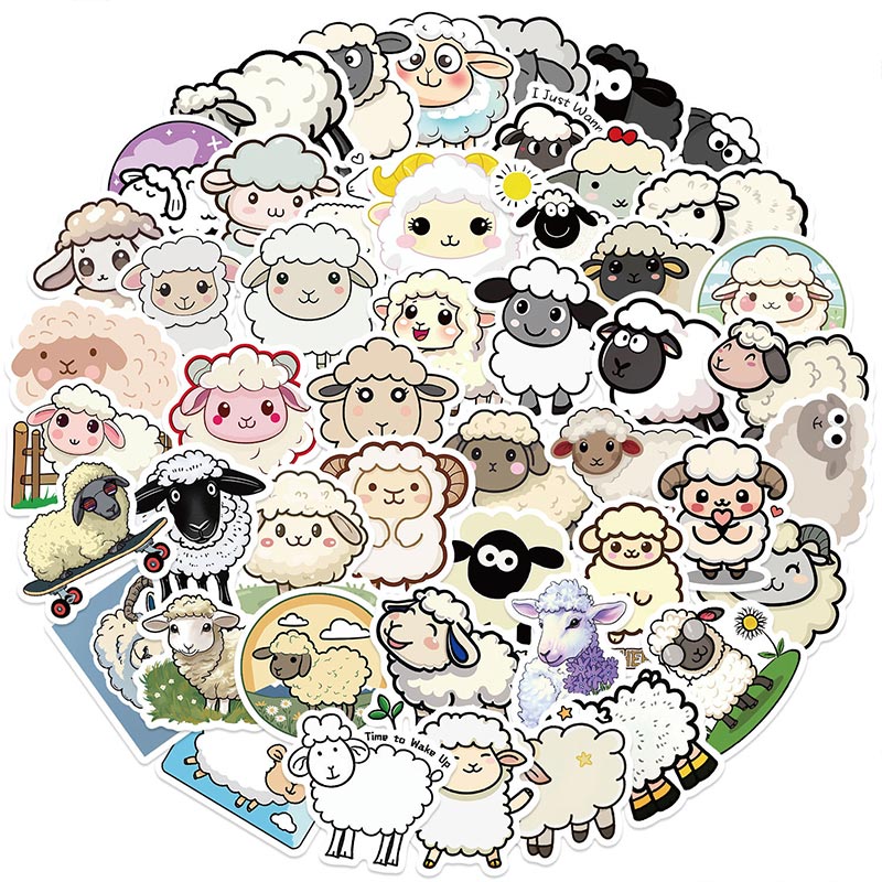 50Pcs Cute Cartoon Sheep Animal Sticker For Laptop Scrapbook Skateboard ...