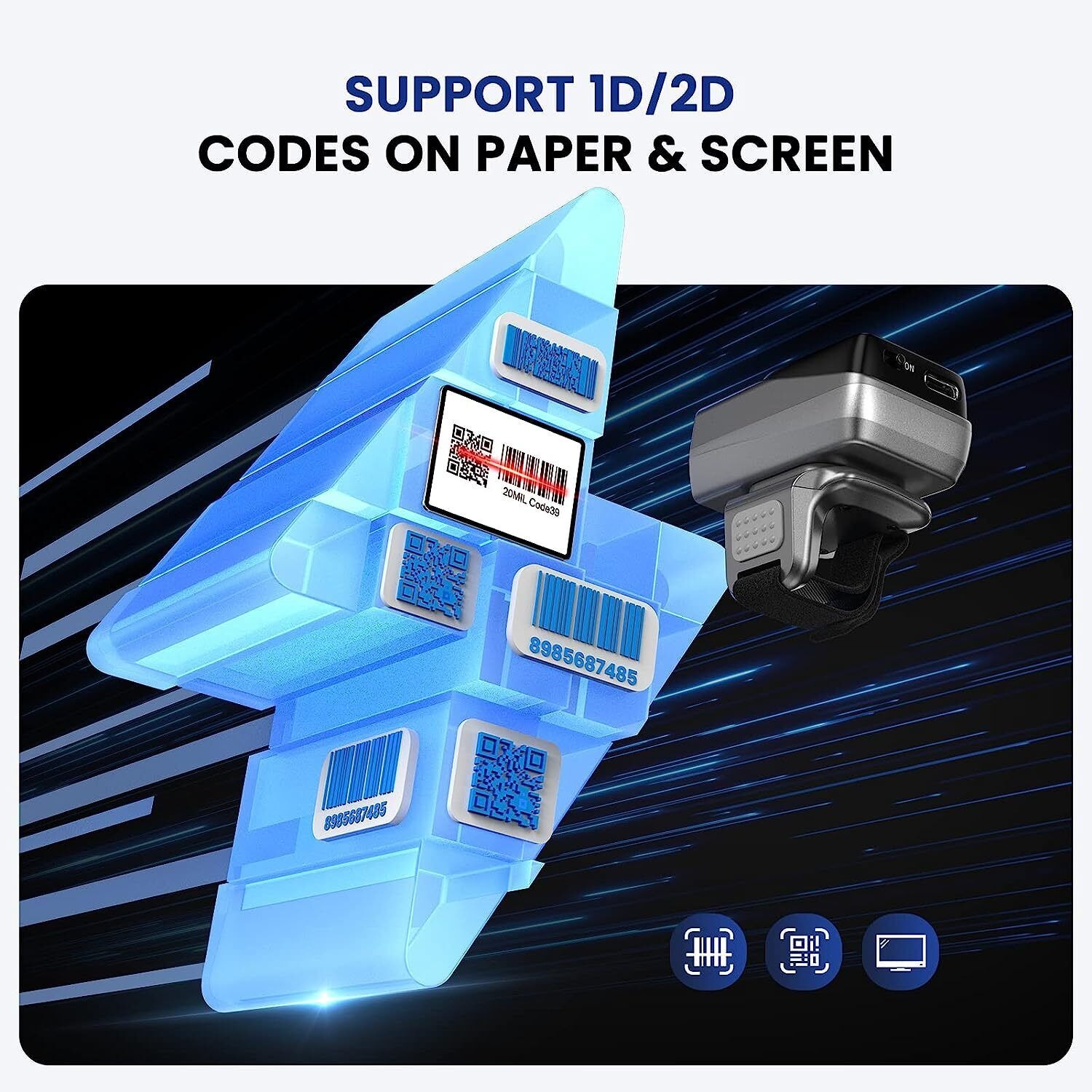 Eyoyo Ring Finger Wearable 2D Barcode Scanner with Display Mini Via ...