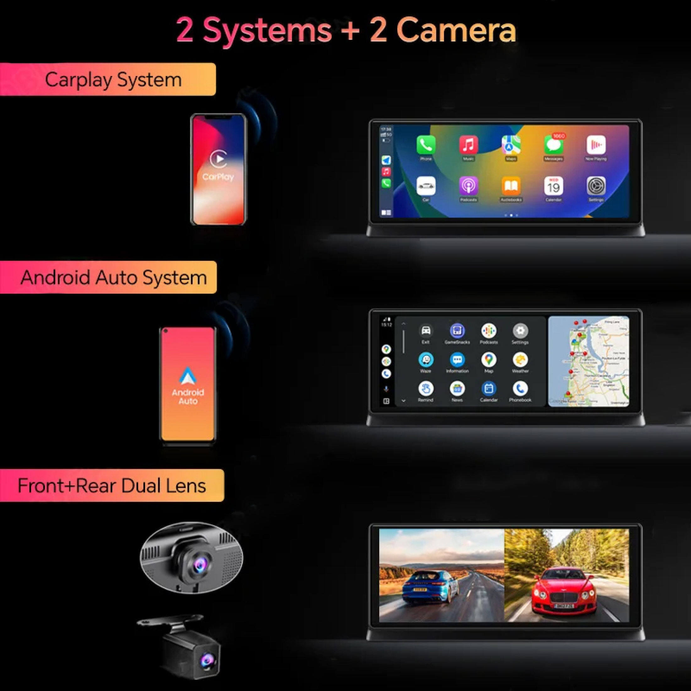 EKLEVA 11.3" Car DVR Carplay Android Auto Dashcam 4K 3840*2160 Front ...
