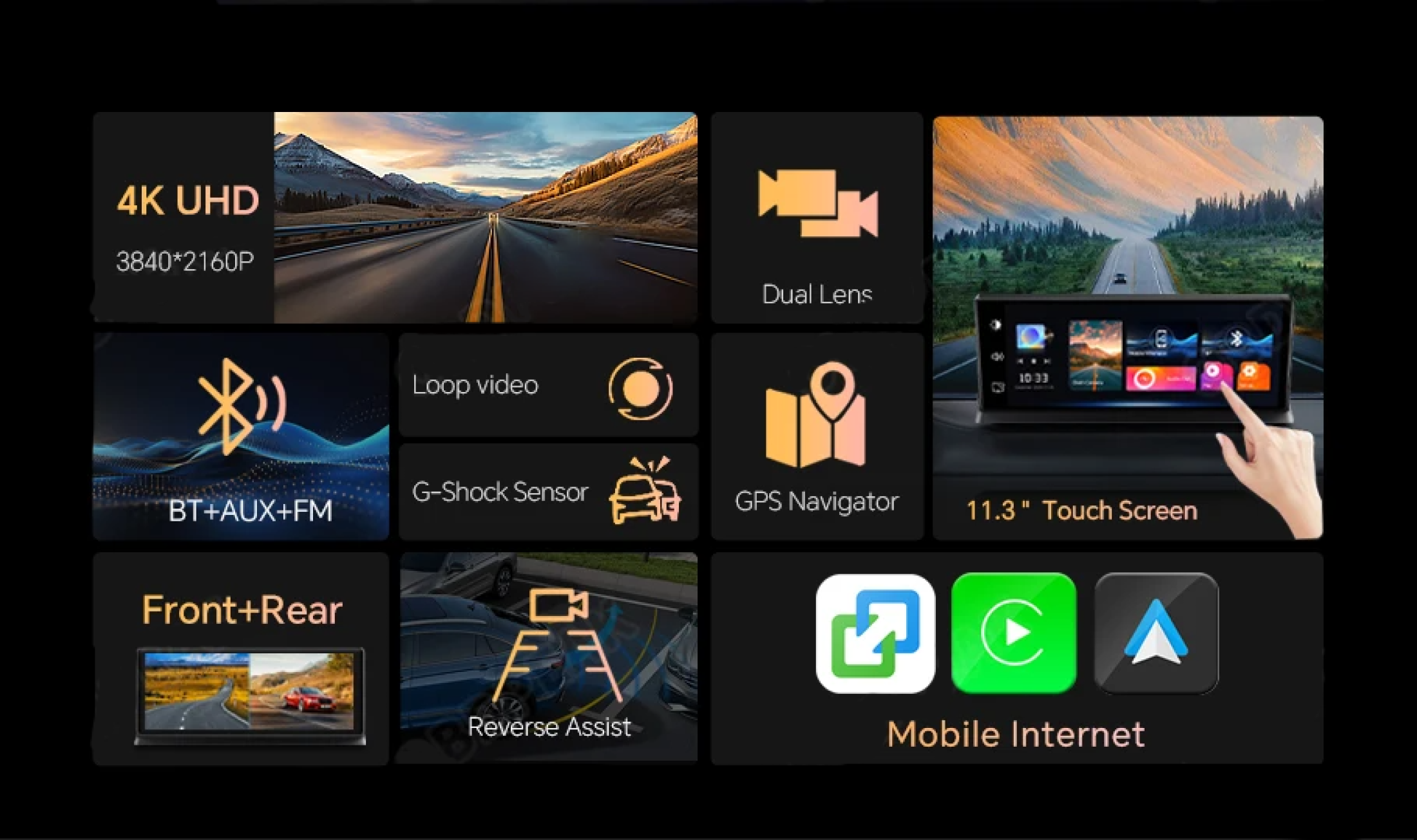 EKLEVA 11.3" Car DVR Carplay Android Auto Dashcam 4K 3840*2160 Front ...