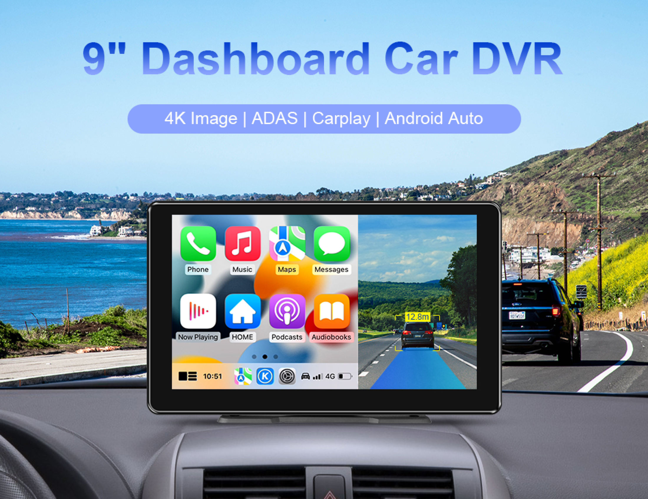 EKLEVA Carplay & Android 9" 4K Auto ADAS Car DVR WiFi Bluetooth AUX FM ...