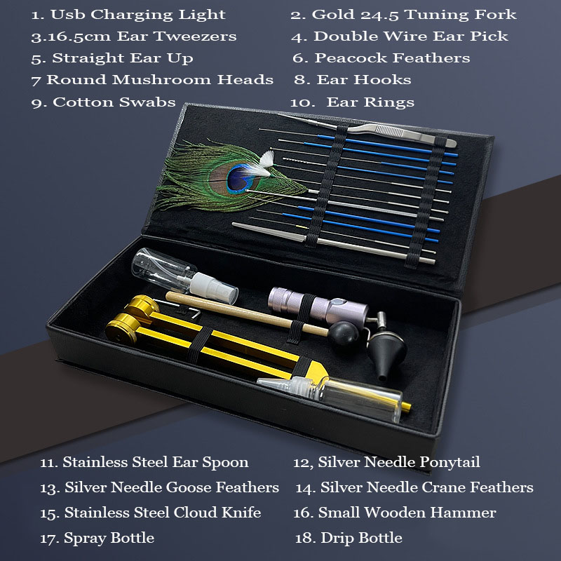 18 in 1 Professional Ear Picking Sets With Tuning Fork Goose Feathers ...