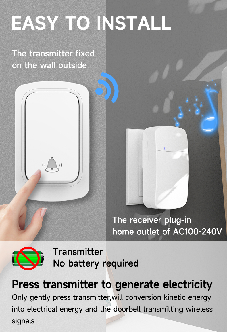 Cerhot Self Powered Wireless Doorbell No Battery Door Bell Waterproof 38 Ringtone Button Receive ...