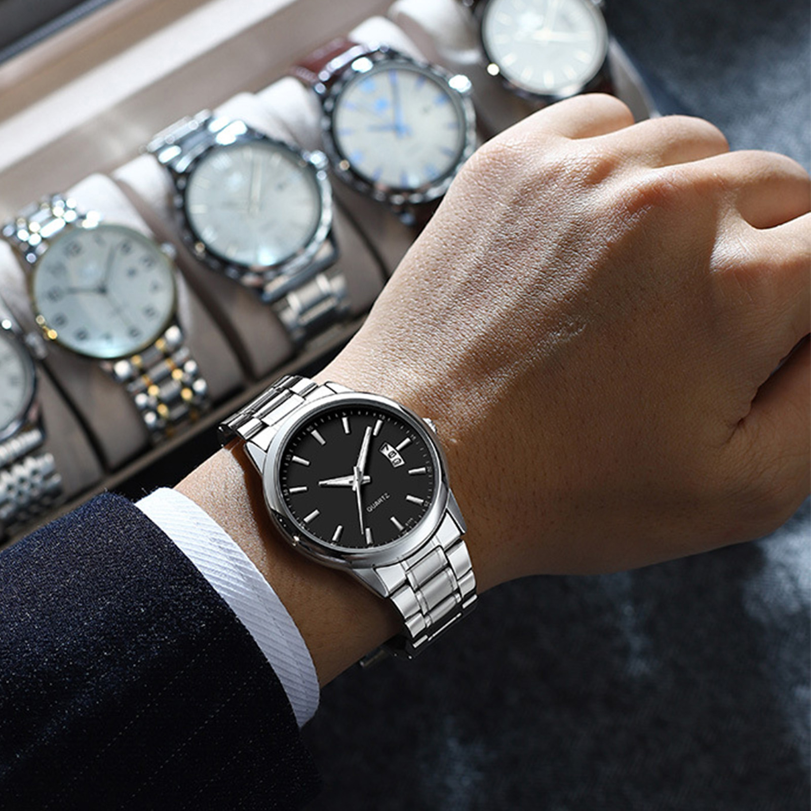 Watch for Men Waterproof Original Stainless Steel Quartz Black White ...