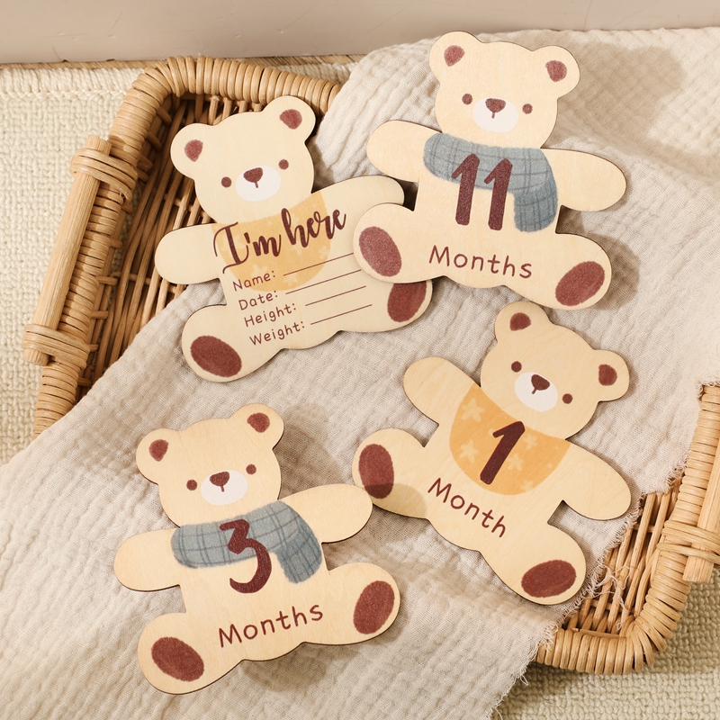 7pcs/set Little Bear Shaped Commemorate Cards Toy Wooden Two-sided Baby ...