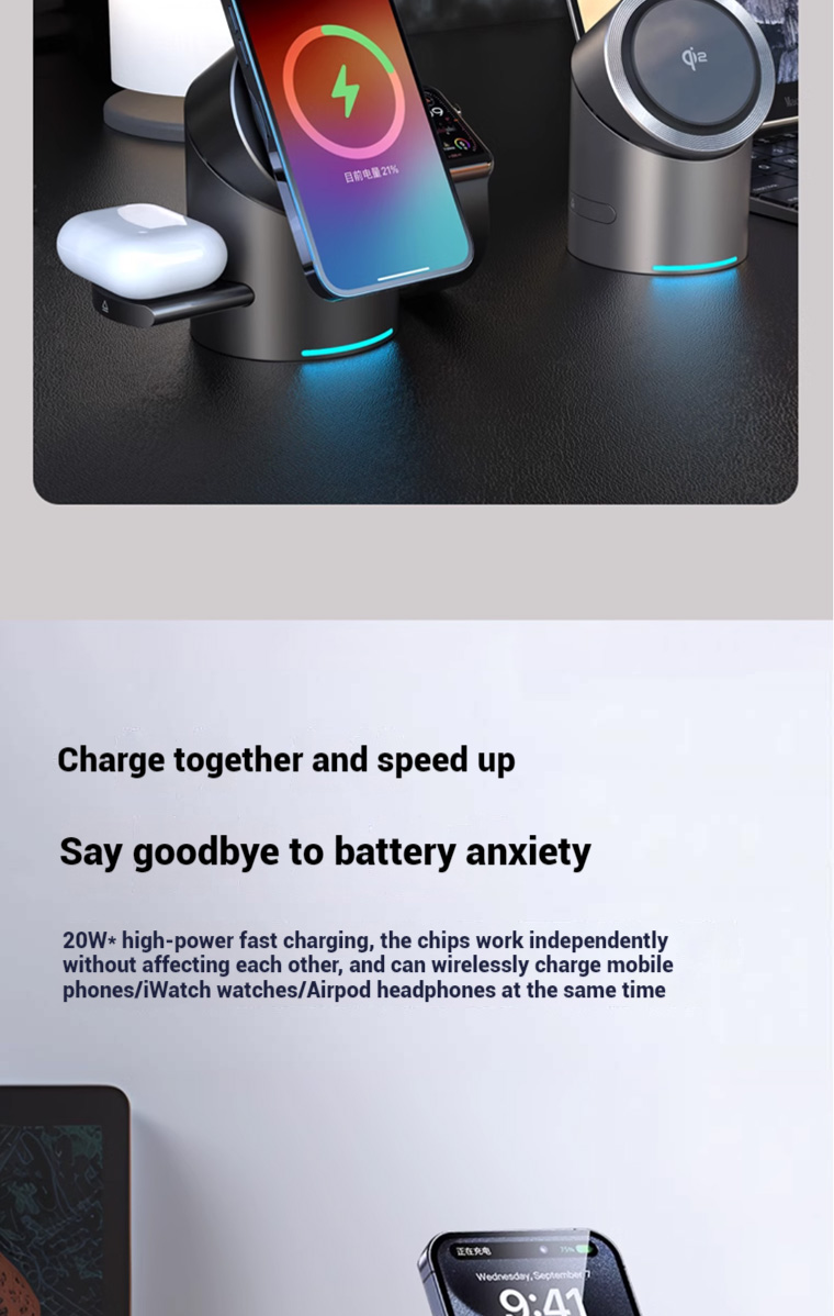 MOYI CBT-10Q Qi2 Wireless charger 3-in-1 charging station 20W high power fast charge smart touch ...