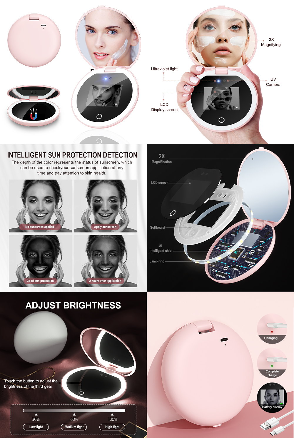 Smart UV Sunscreen Makeup Mirror With LED Beauty Sunscreen Detection ...