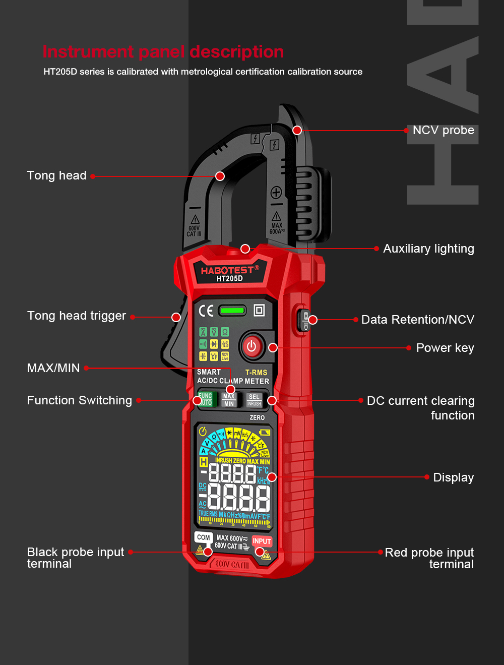 HABOTEST HT205 Smart Multimeter 6000 Count 600A AC/DC Current Voltmeter ...