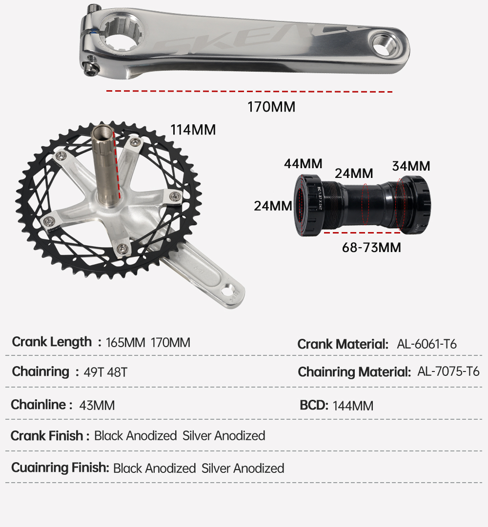 SKEACE Bicycle Crankset With BB Fixed Gear Alumniun Hollow Sprocket 49T ...