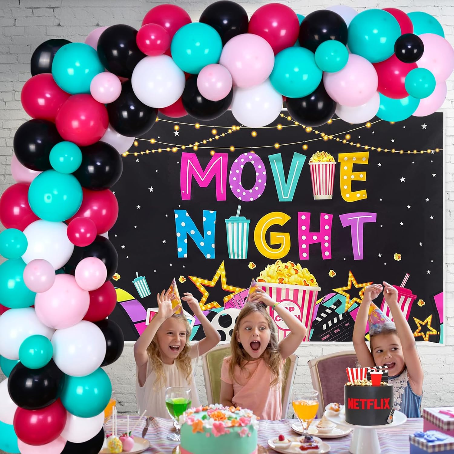 NIVVINE Movie Night Birthday Party Decorations, Pink Rainbow Balloon Arch with Movie Night ...