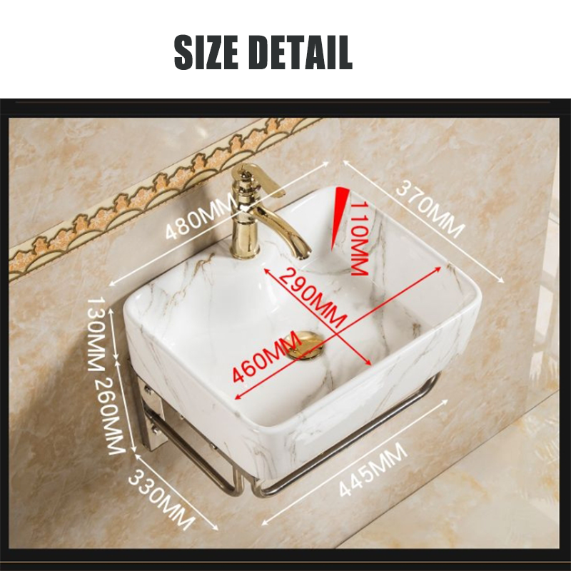 Ceramic Basin Marble Pattern Basin Stainless Steel Bracket Basin Wall ...