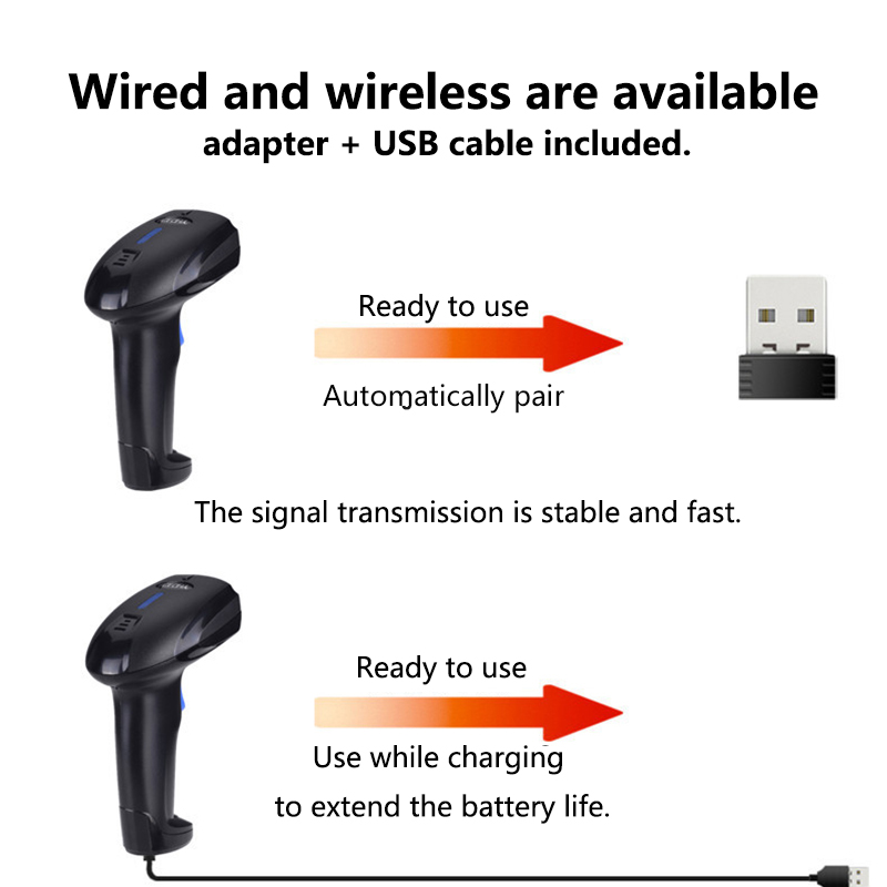 Barcode Scanner Wireless USB Barcode Reader, Laser 1D Barcode Gun, 2D ...