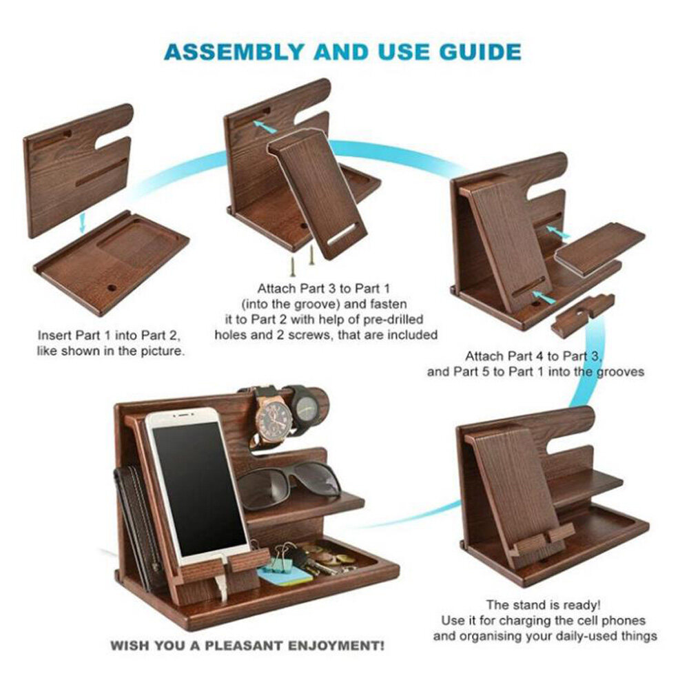 Bedside Organiser Wood Phone Docking Station Key Holder Wallet Stand ...