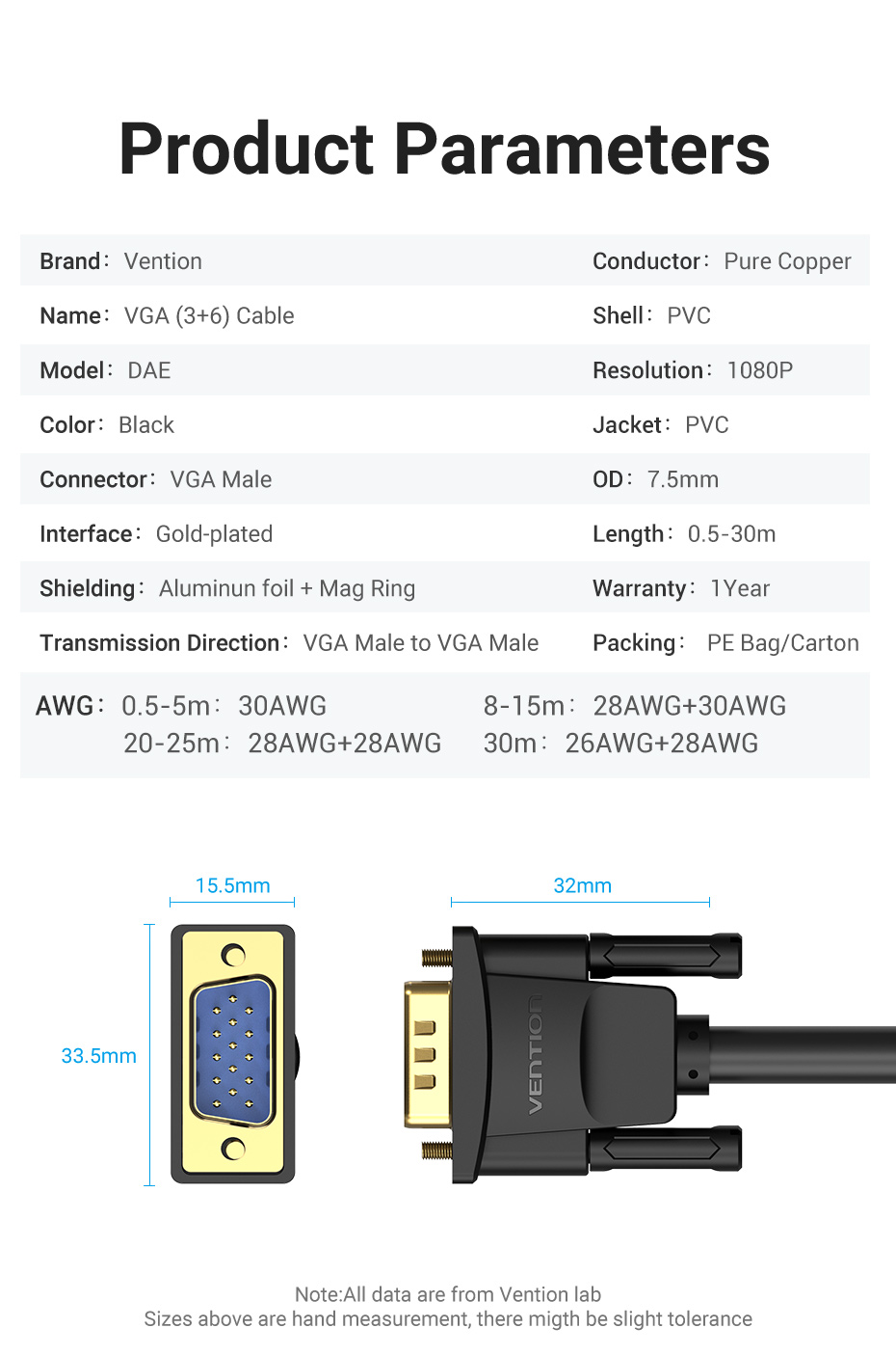 Vention VGA Cable Male to Male 1080P 15 Pin VGA to VGA Cable for ...