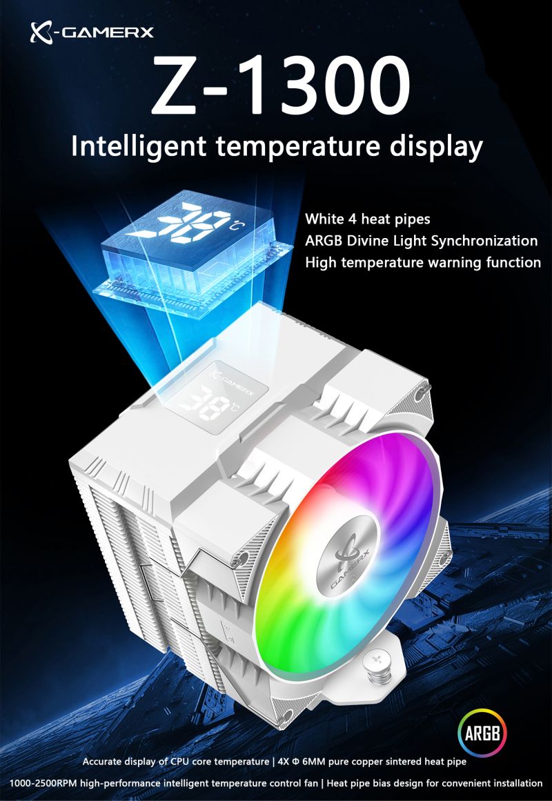 Power Train X-Gamerx Z-1300 ARGB 4 Heat pipes CPU Cooler with Digital Temperature Display Air ...